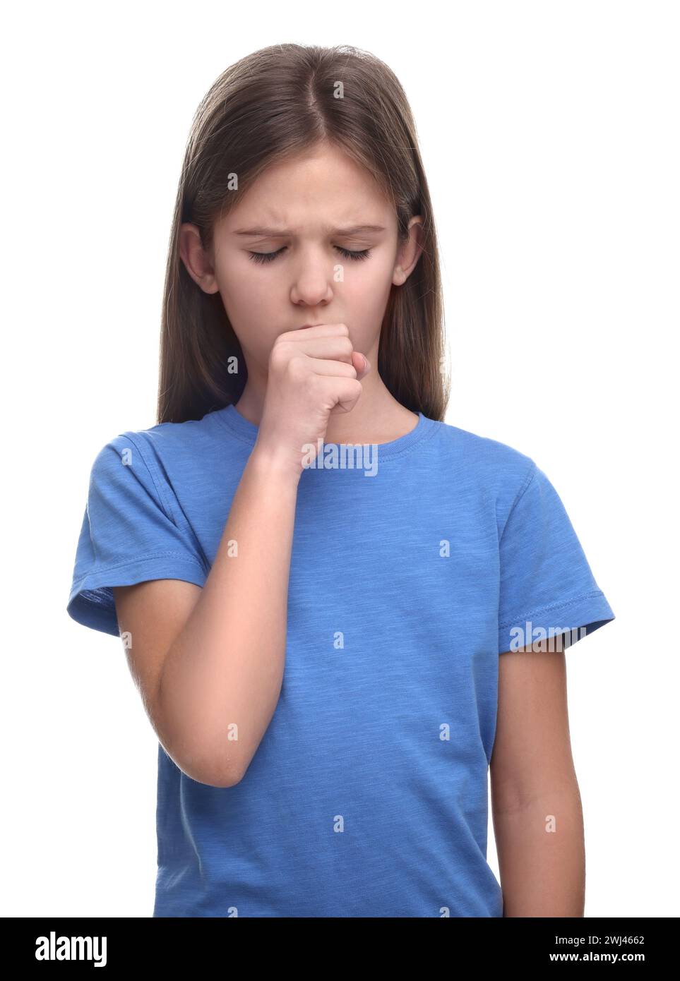 Sick girl coughing on white background. Cold symptoms Stock Photo - Alamy
