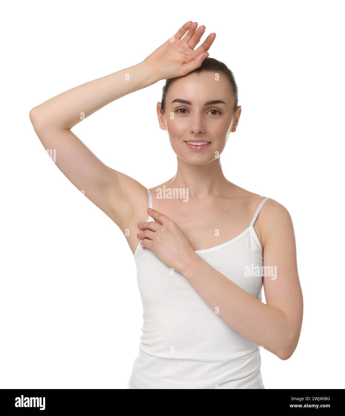 Beautiful woman showing armpit with smooth clean skin on white ...