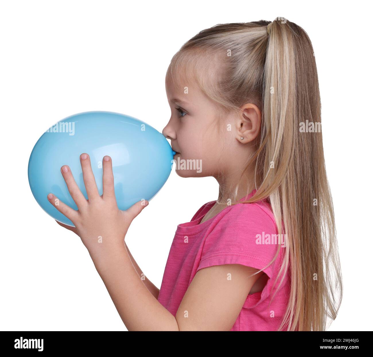 Cute little girl inflating light blue balloon on white background Stock ...