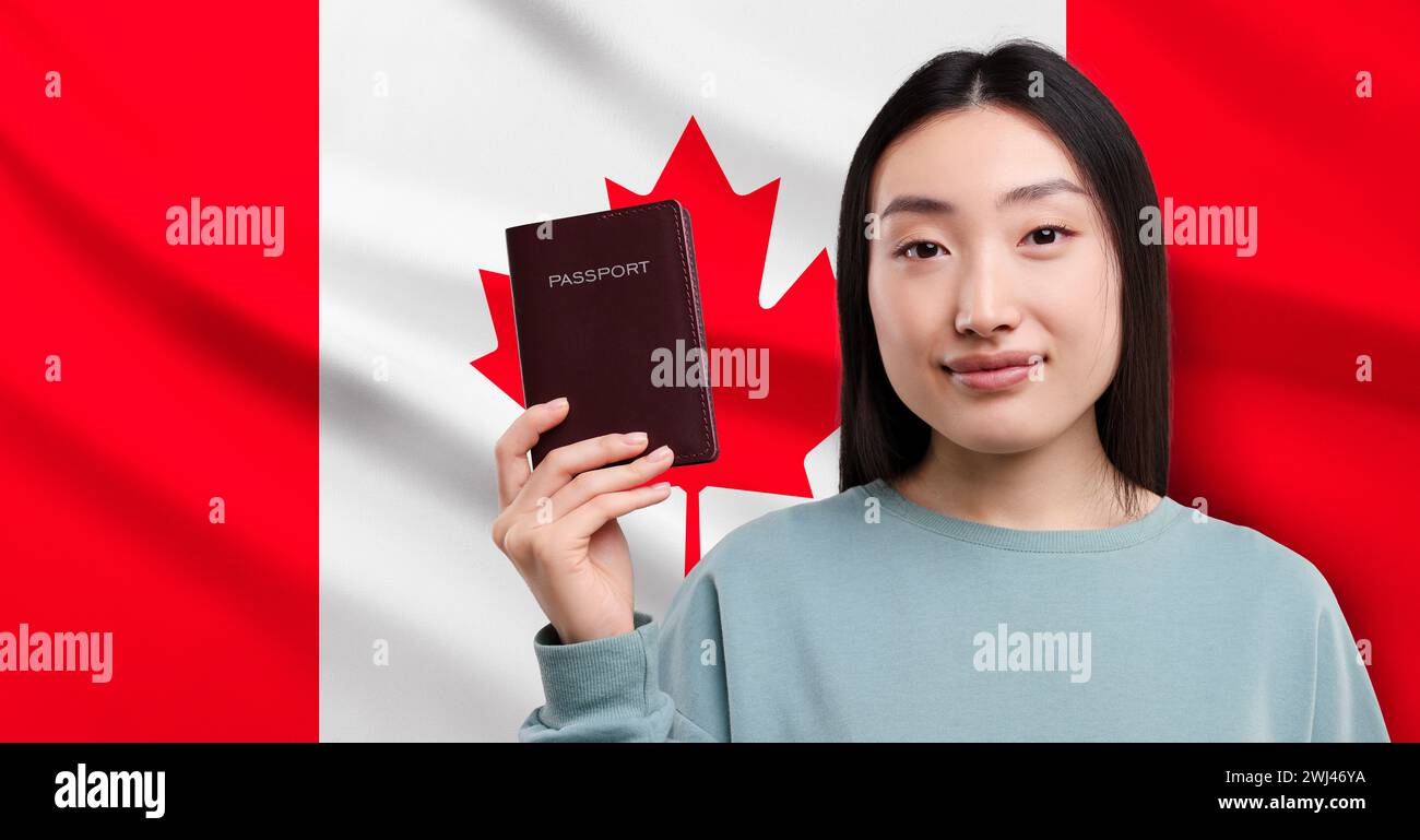 Immigration. Woman with passport against national flag of Canada, space ...