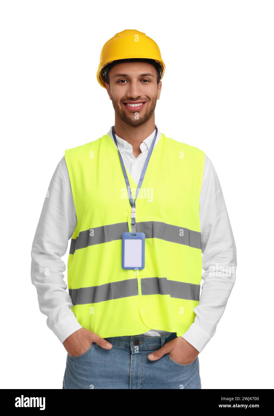Engineer with hard hat and badge on white background Stock Photo - Alamy
