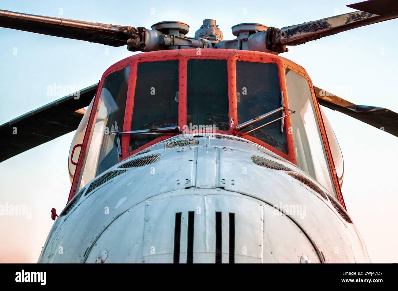 Cockpit of an old vintage helicopter with blades Stock Photo - Alamy