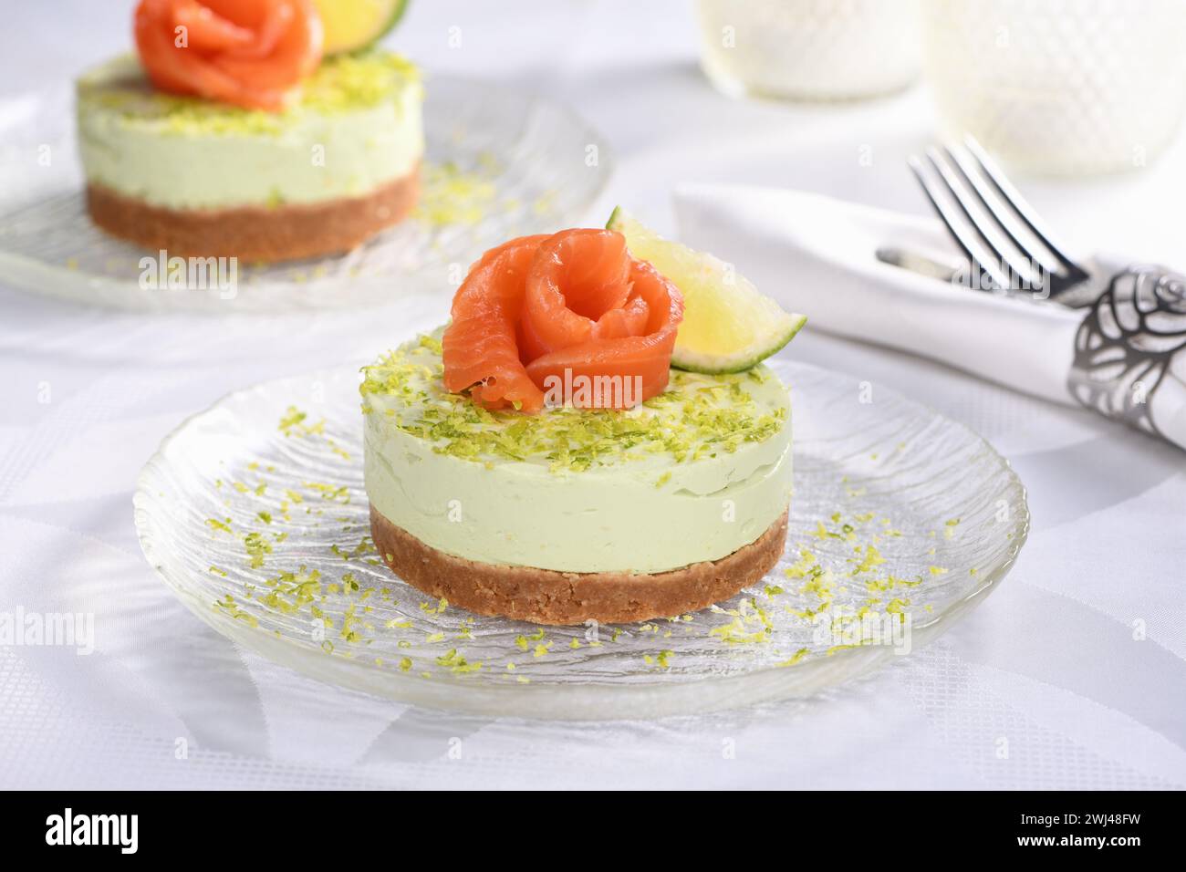 Avocado timbale with salmon Stock Photo - Alamy