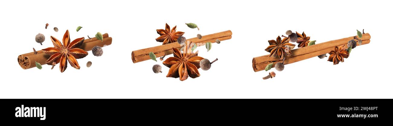 Different aromatic spices falling on white background Stock Photo - Alamy