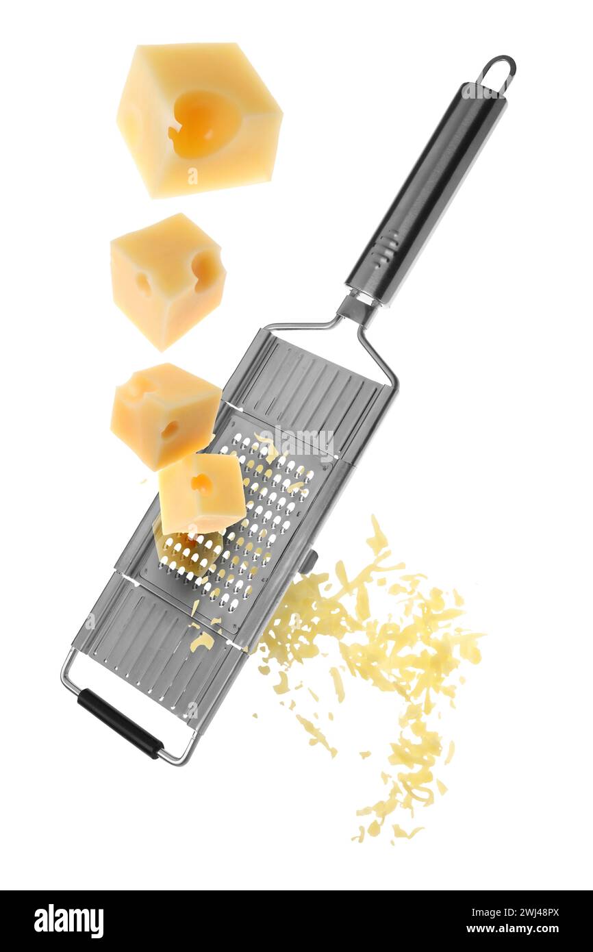 Grating cheese with hand grater in air on white background Stock Photo ...