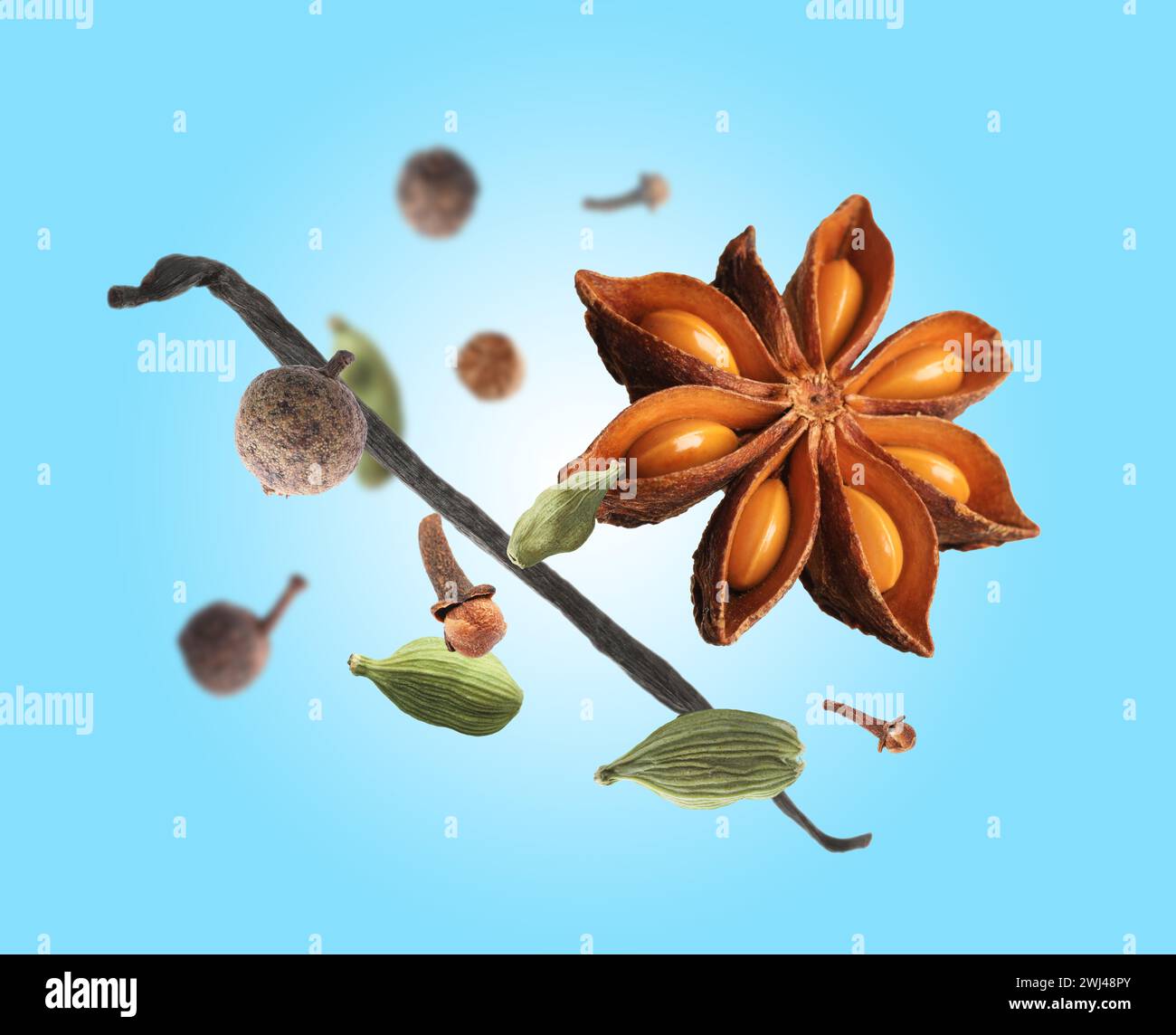 Different aromatic spices falling on light blue background Stock Photo ...