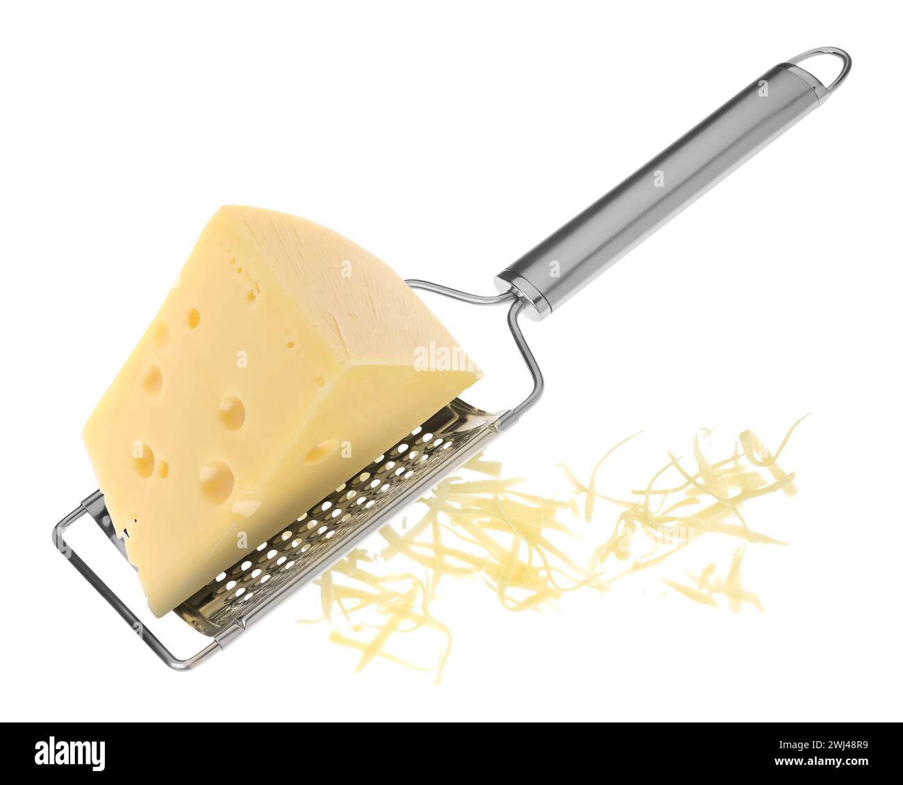 Grating cheese with hand grater in air on white background Stock Photo ...