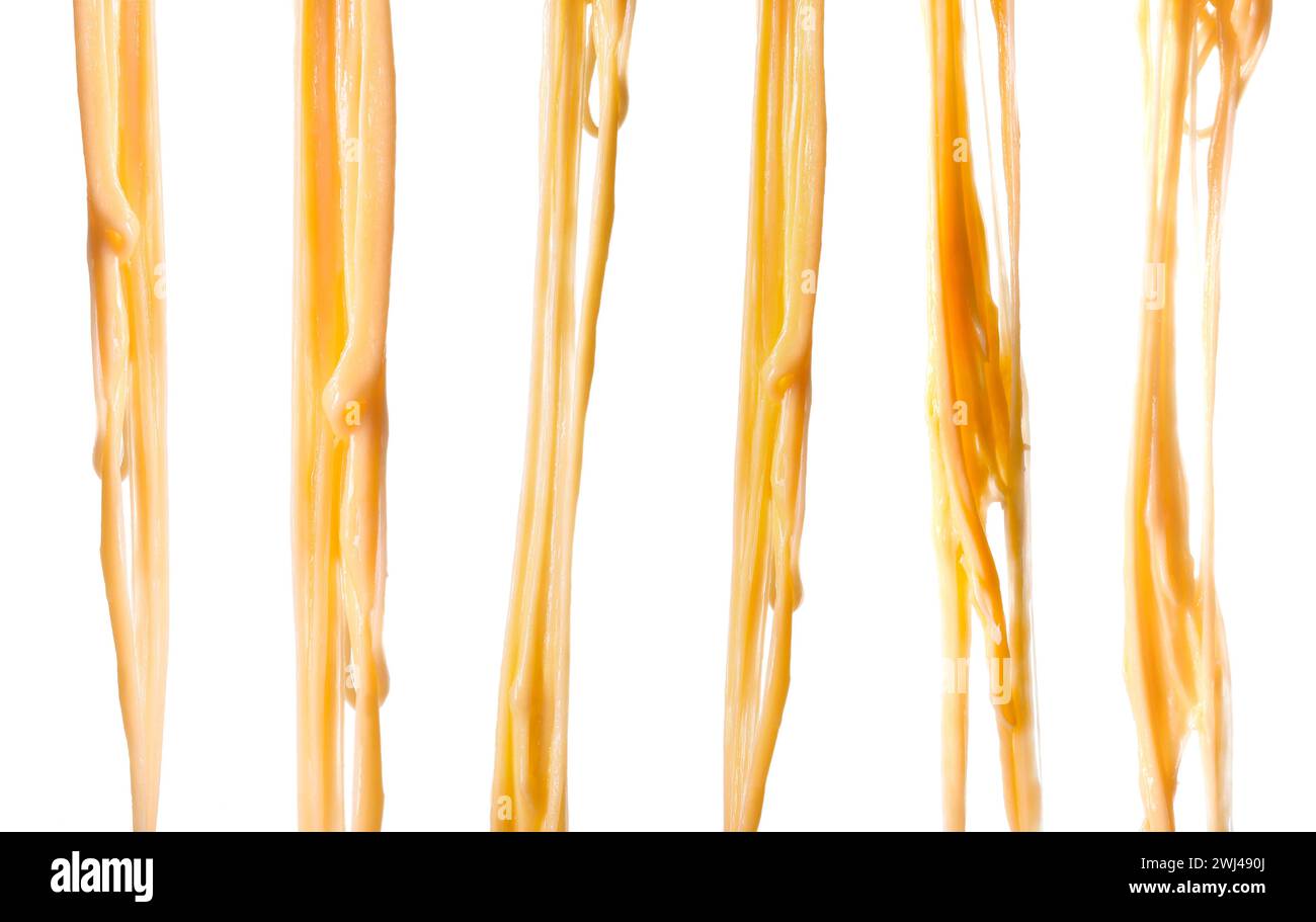 Stretching delicious melted cheese isolated on white, set Stock Photo ...