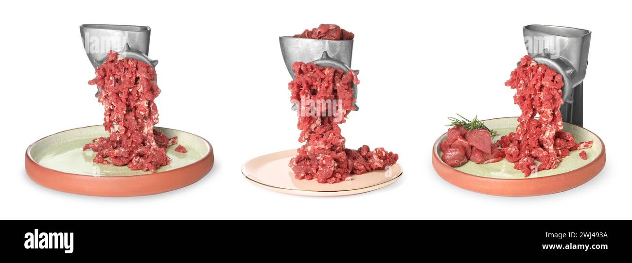 Mincing beef with manual meat grinder on white background, set Stock ...