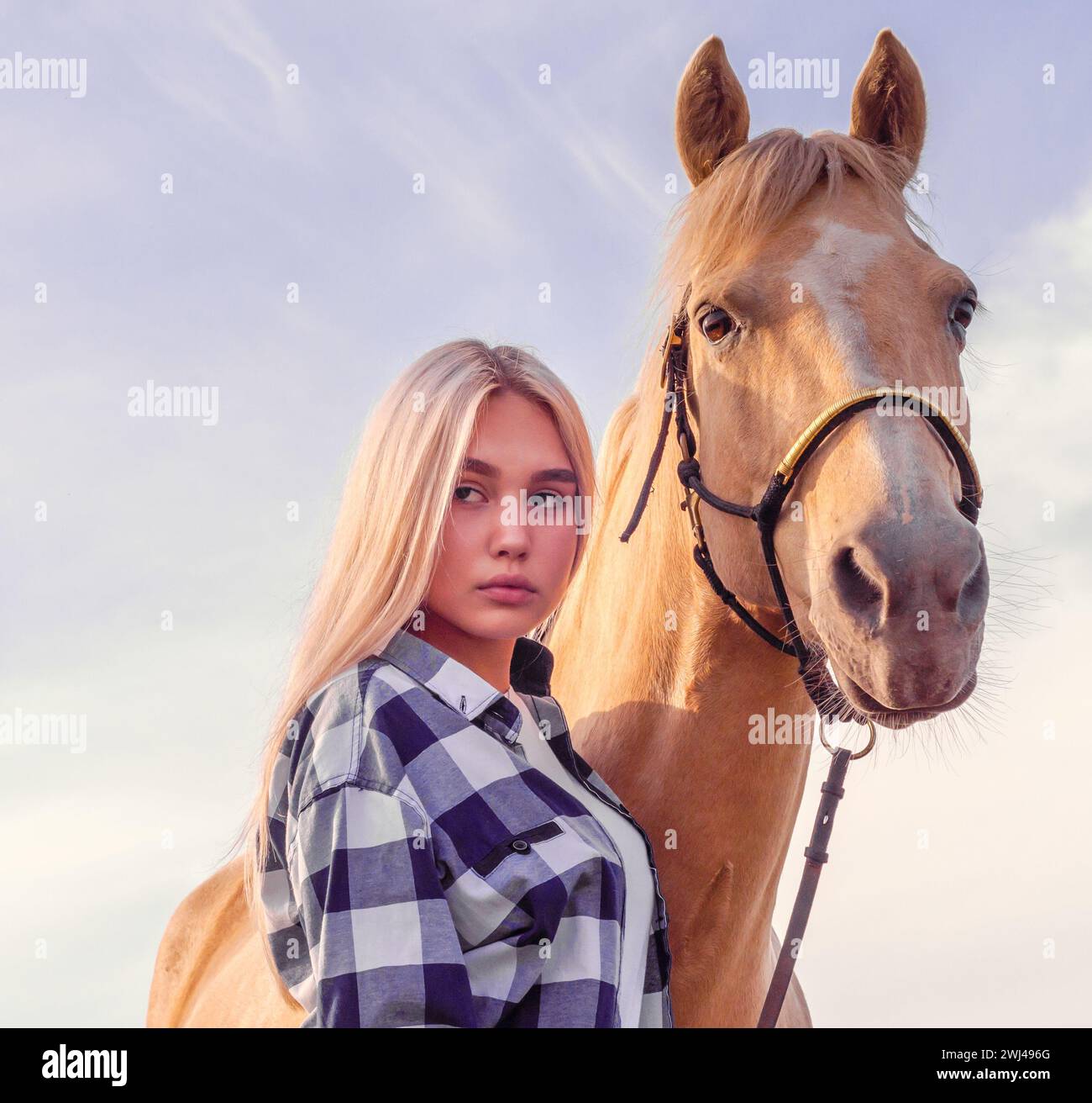 Portrait of a young blonde girl with a beige horse on the ranch close ...