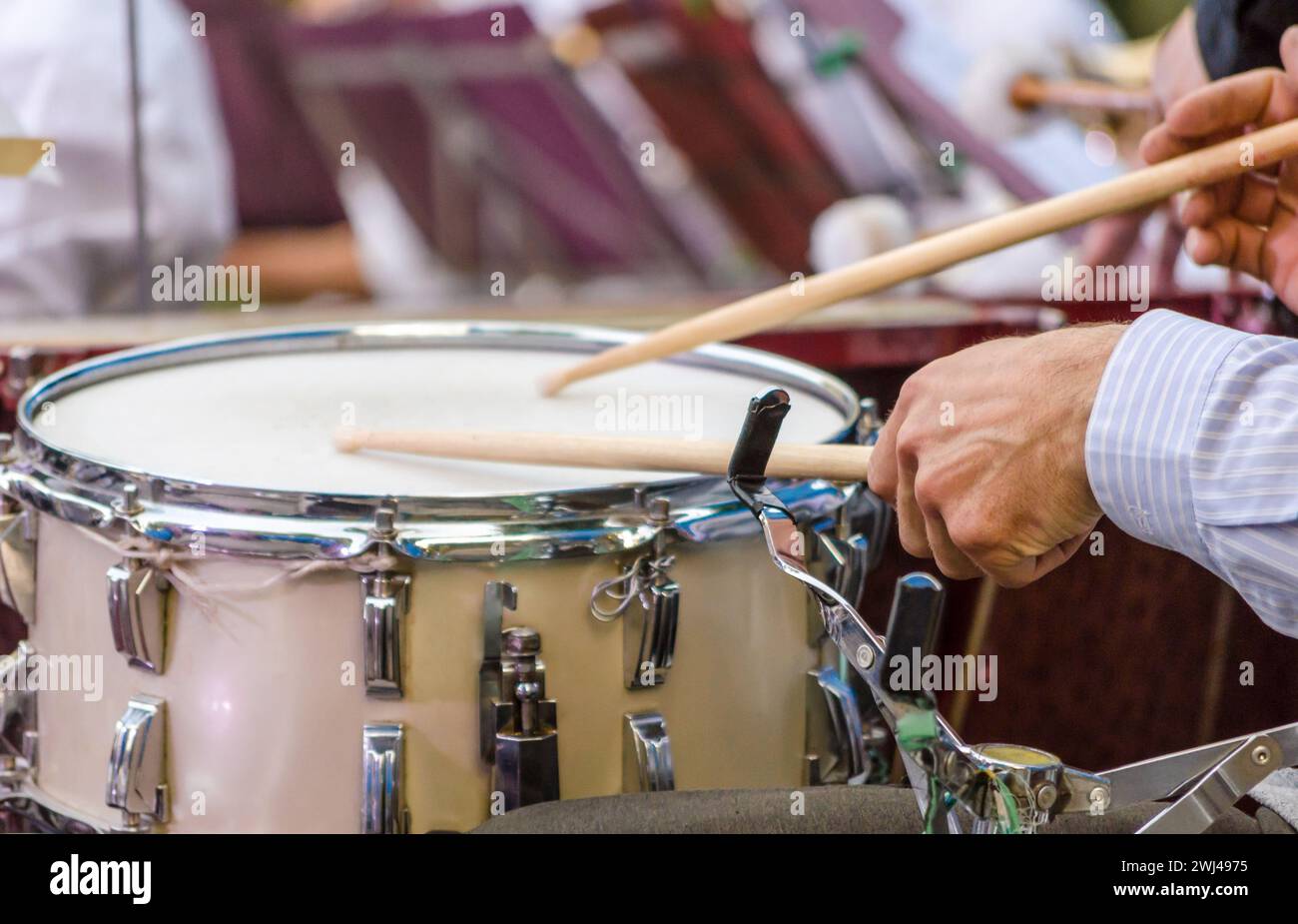 male musician drummer hands with drumsticks and drum closeup Stock ...