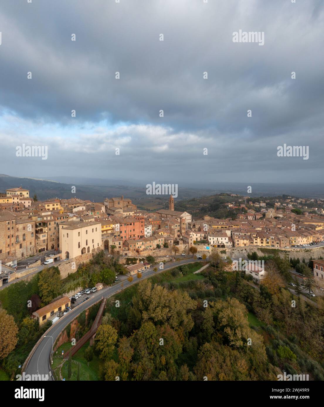 Drone view of the Tuscan hilltop village and wine capital of ...