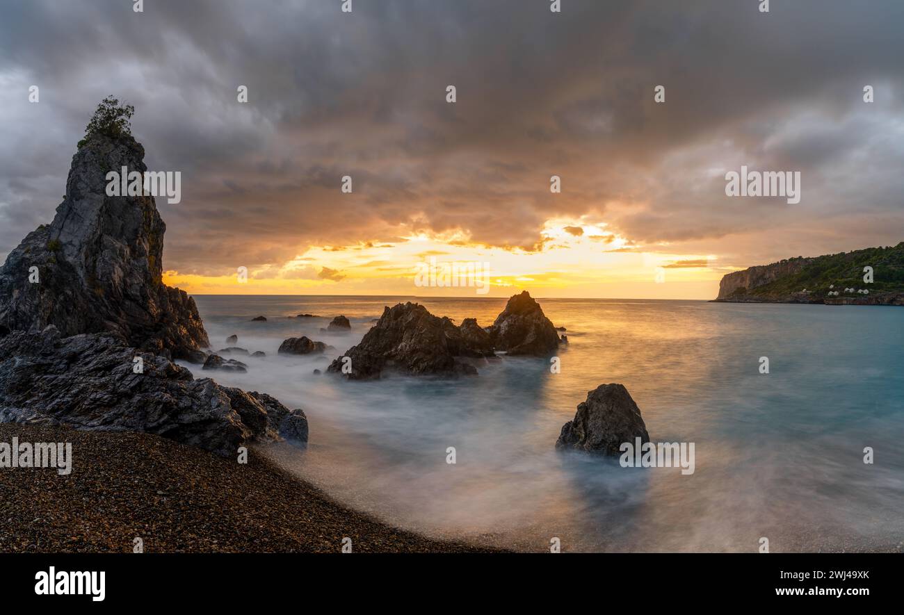 Sunset seascape at Praia a Mare on the Coasta di Maratea of ...