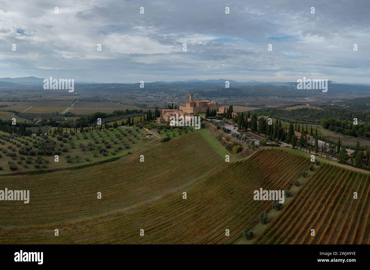 Aerial view of the Poggio alle Mura Castle and Villa Banfi wine resort ...