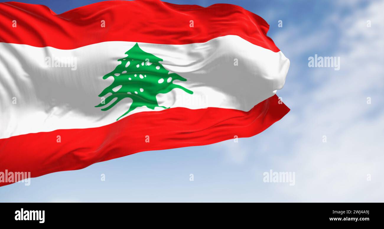 Lebanon national flag waving in the wind on a clear day. Three ...