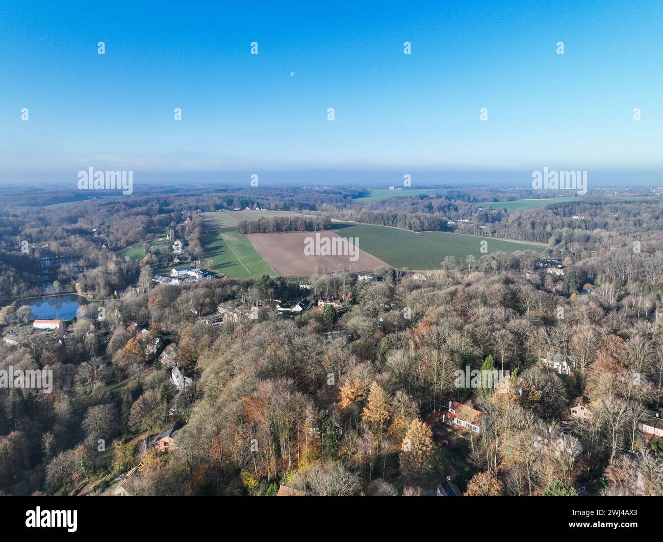 Aerial view of small countryside town in the area of Walloon, Belgium ...