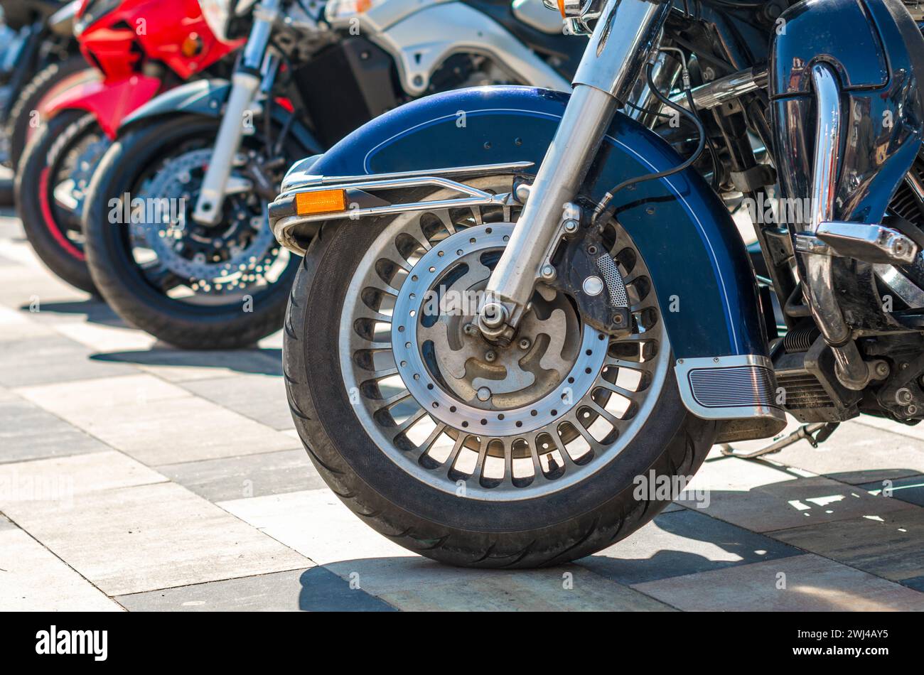 Chopper motorcycle wheel close up Stock Photo - Alamy