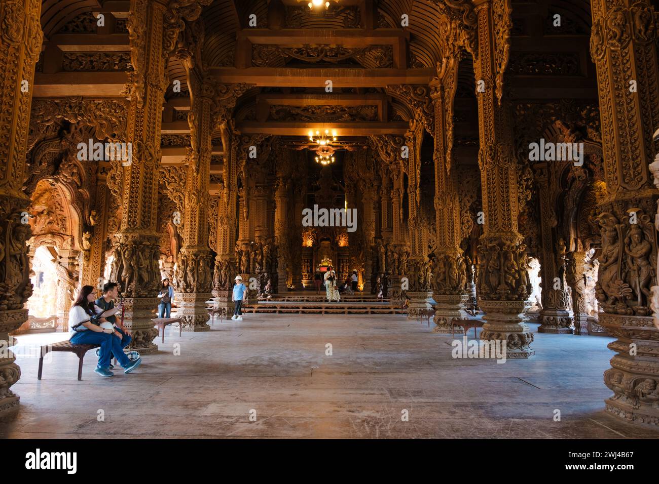 The Sanctuary of Truth wooden temple in Pattaya Thailand, sculpture of ...