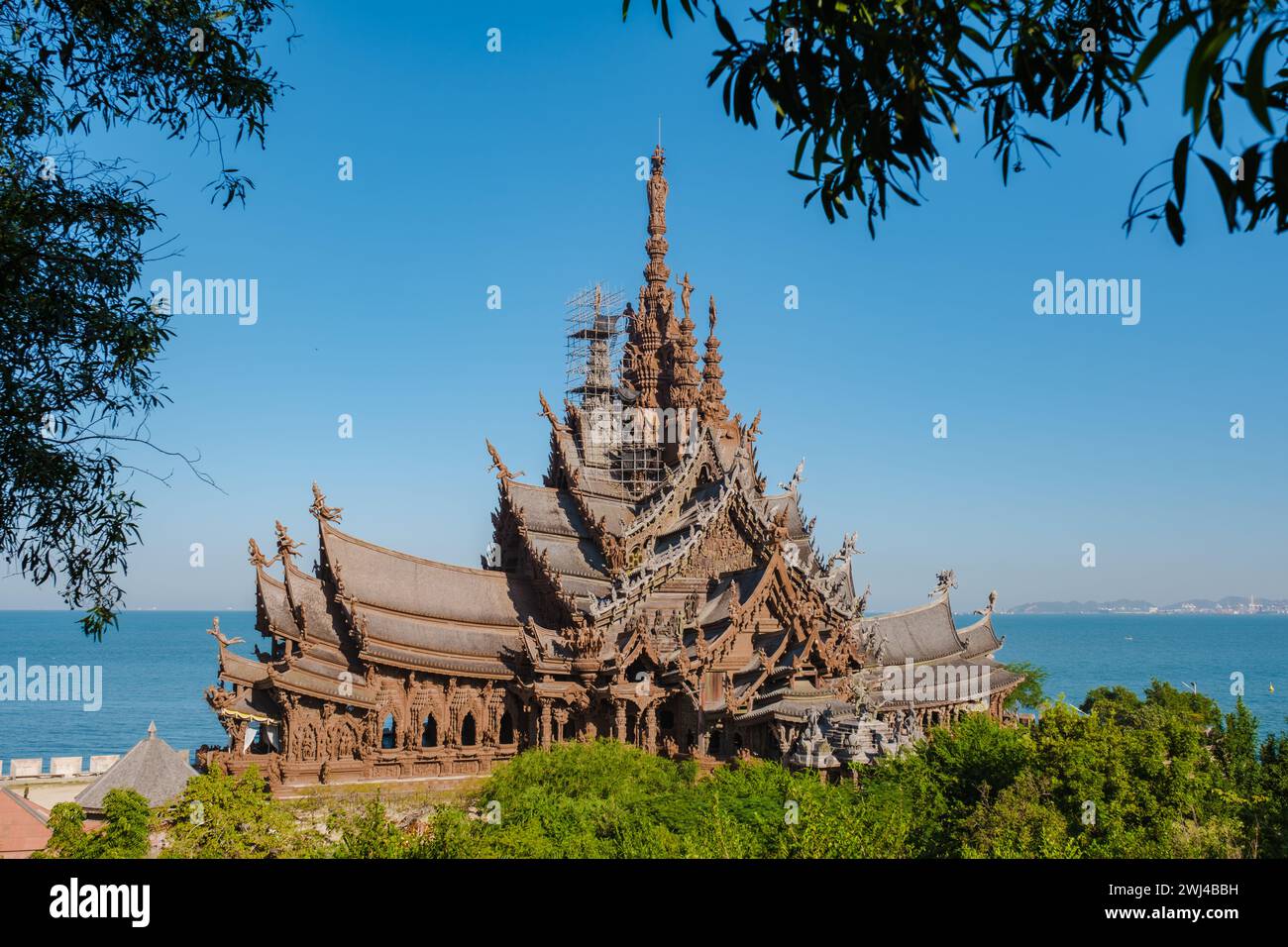 The Sanctuary of Truth wooden temple in Pattaya Thailand, sculpture of ...