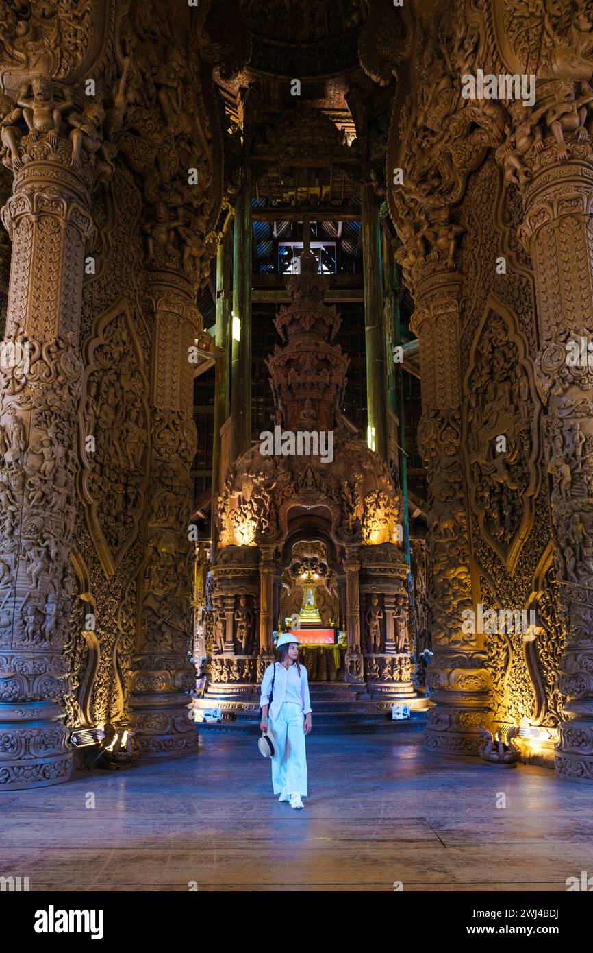The Sanctuary of Truth wooden temple in Pattaya Thailand, sculpture of ...