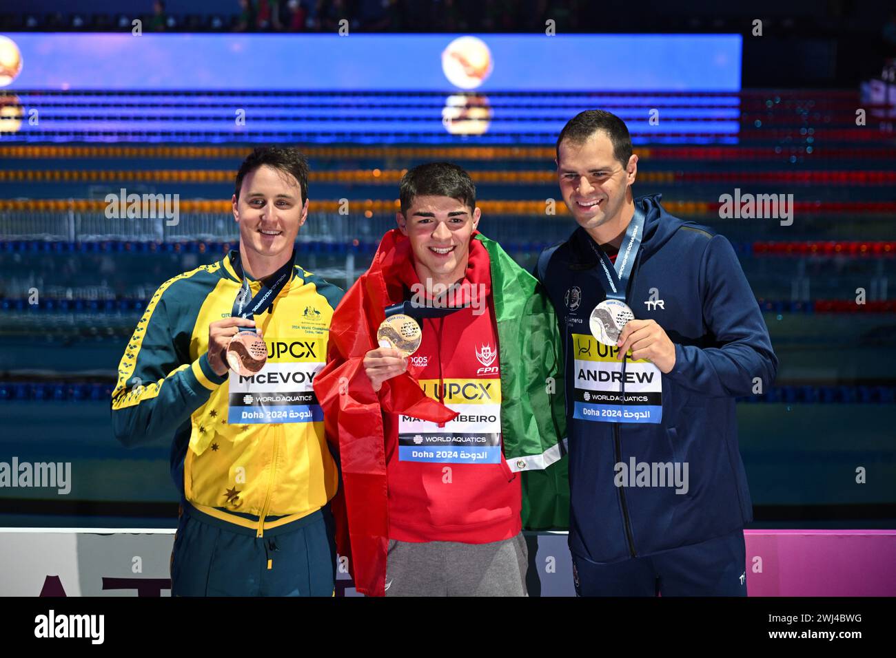Doha, Qatar. 12th Feb, 2024. Gold medalist Diogo Matos Rebeiro (C) of ...