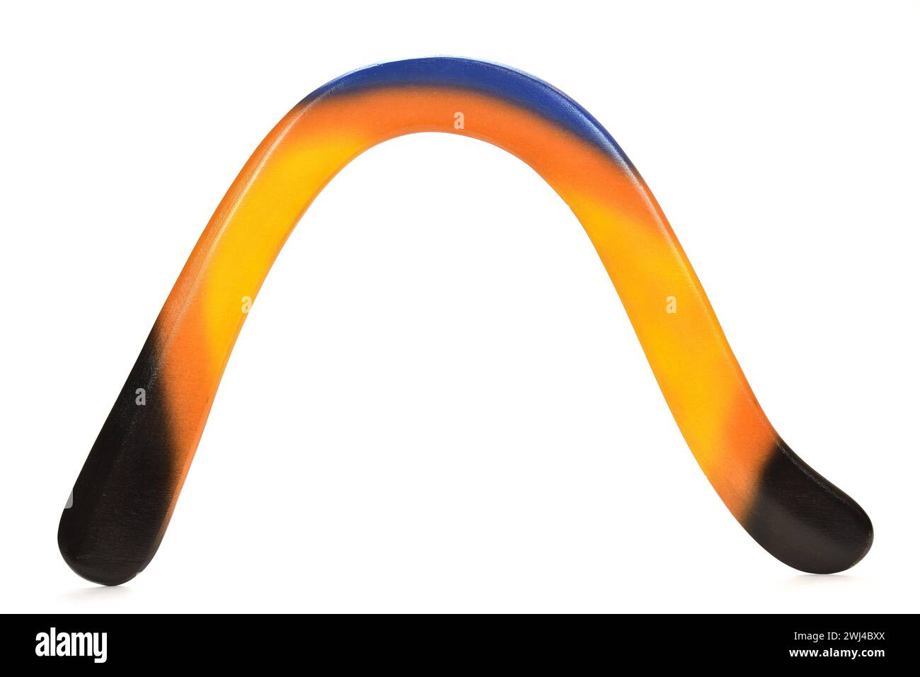 Wooden boomerang painted black, orange, yellow and blue isolated on ...