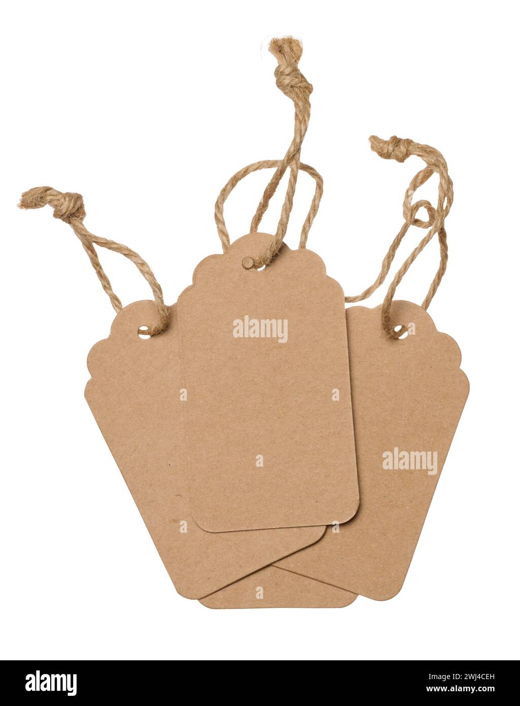 Blank brown rectangular brown paper tag on a rope on white background ...