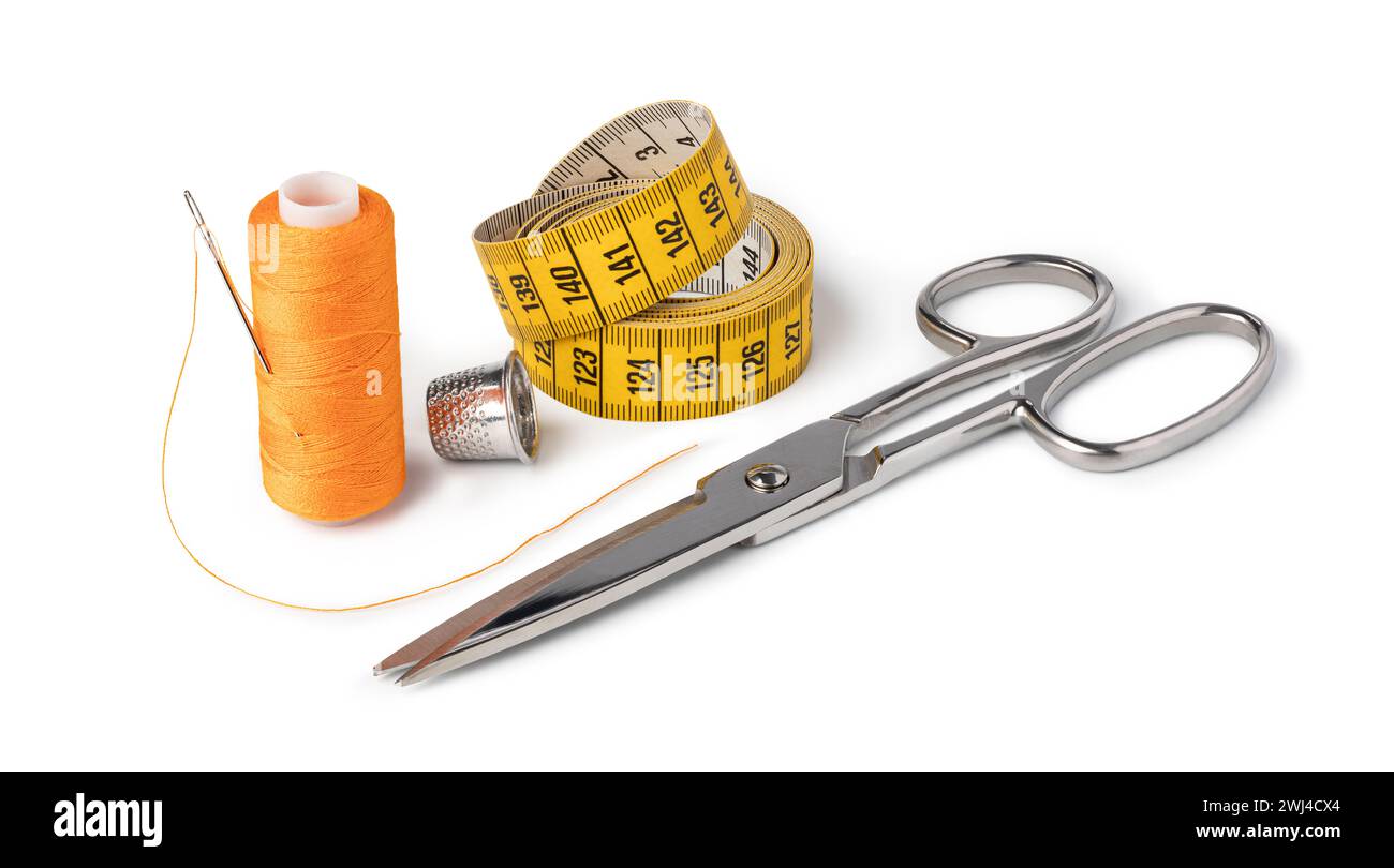 Thread sewing, needle, centimeter, scissors Stock Photo - Alamy