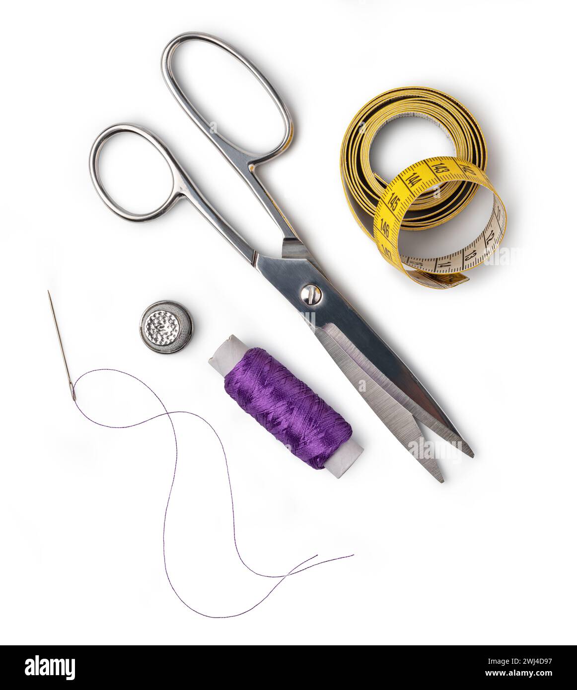 Thread sewing, needle, centimeter, scissors Stock Photo - Alamy
