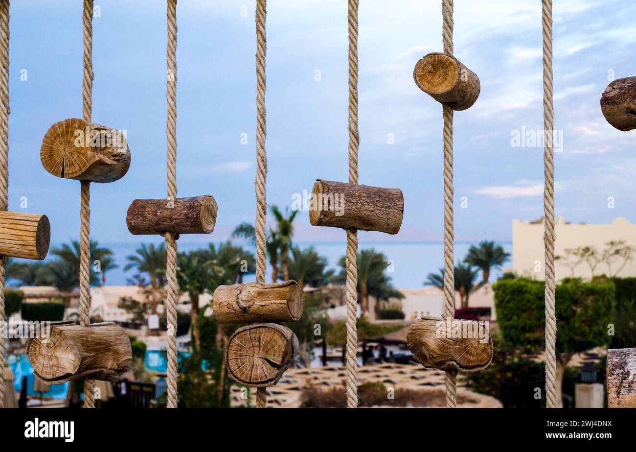 Little wooden logs on a background of blue sky and green palm trees ...