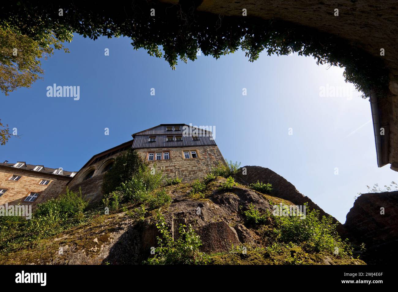 View up to the hilltop castle Waldeck Castle, Waldeck, Kellerwald ...