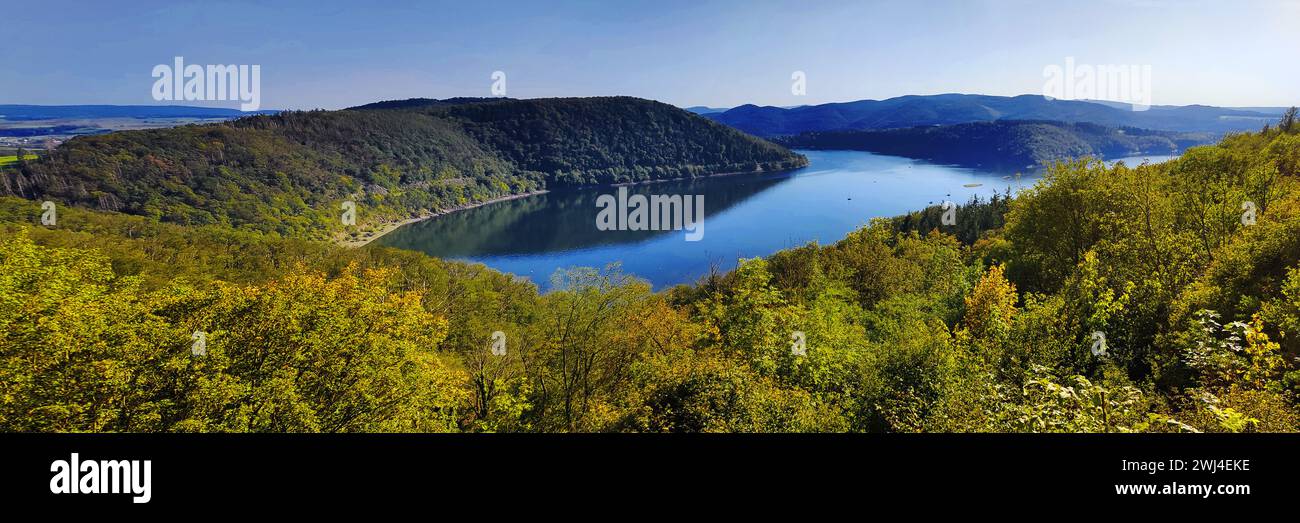 Elevated panoramic view of the Eder Dam looking into the Kellerwald ...