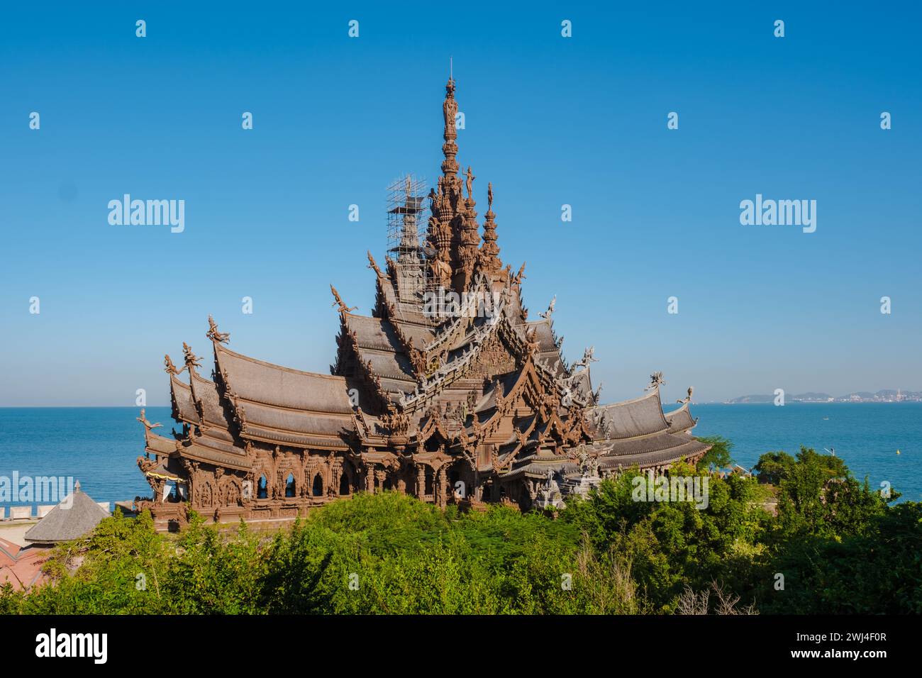 The Sanctuary of Truth wooden temple in Pattaya Thailand, sculpture of ...