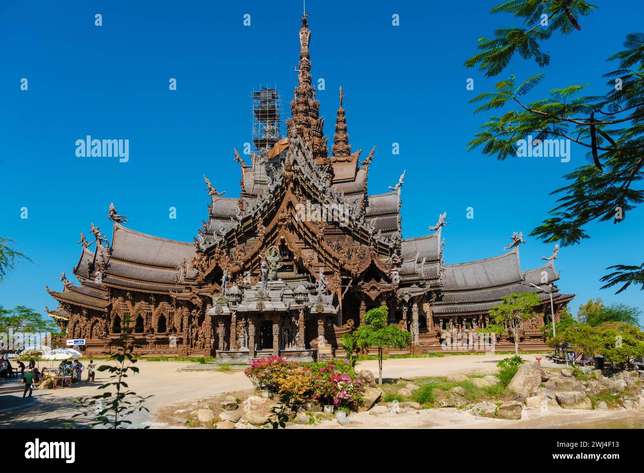 The Sanctuary of Truth wooden temple in Pattaya Thailand, sculpture of ...