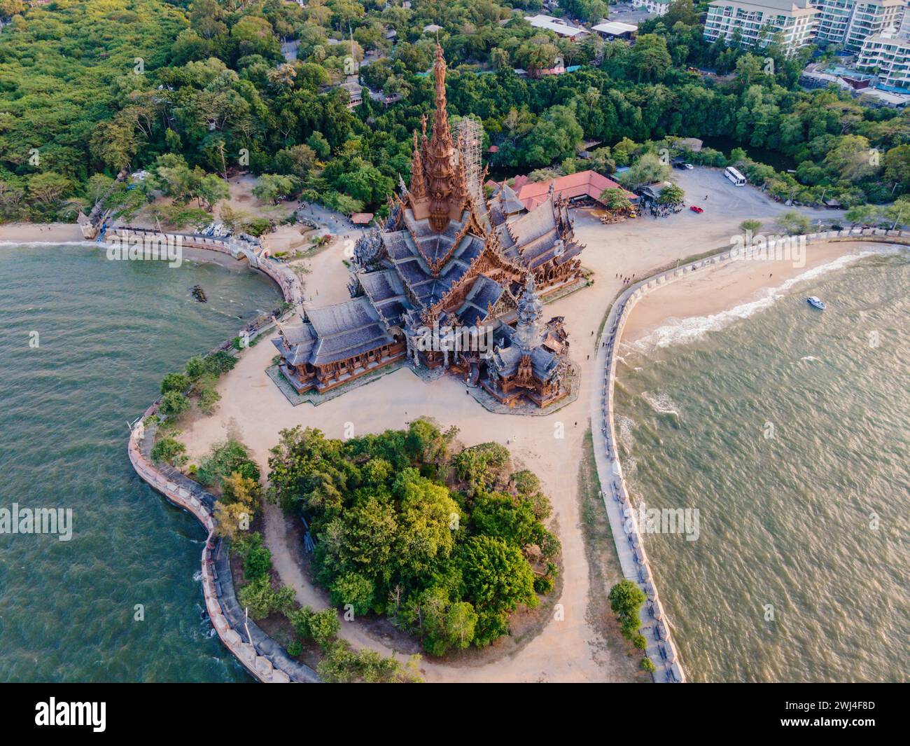 The Sanctuary of Truth wooden temple in Pattaya Thailand, sculpture of ...
