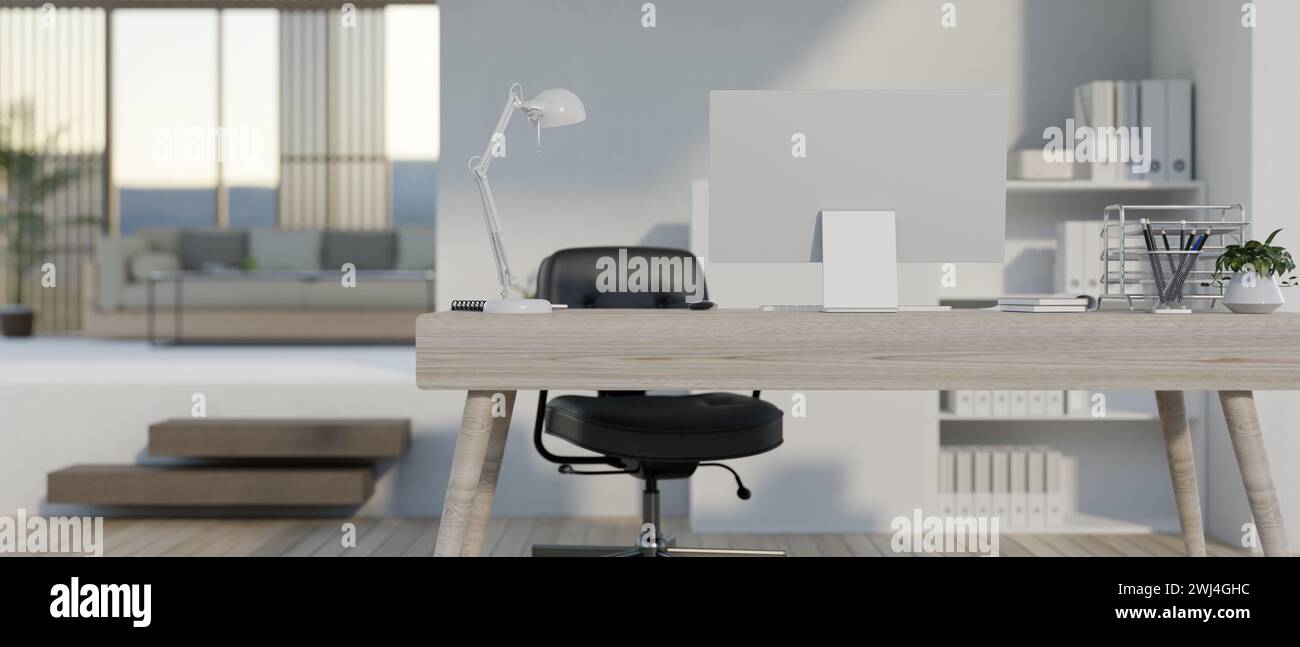 A modern white home office workspace with a computer desk and decor ...