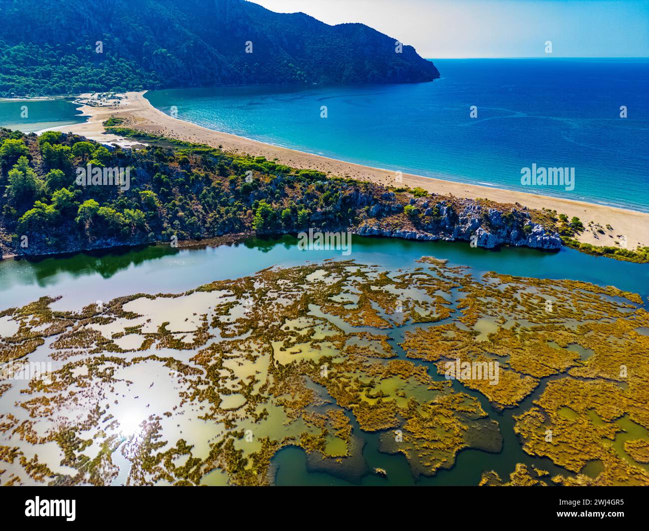 Aerial view of Dalyan Delta River close to Iztuzu Beach in Mugla ...