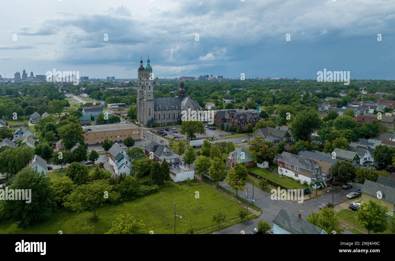 An aerial of the city of Buffalo, New York as a storm passes overhead ...