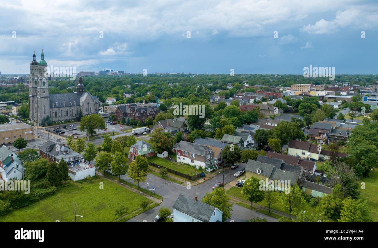 An aerial of the city of Buffalo, New York as a storm passes overhead ...