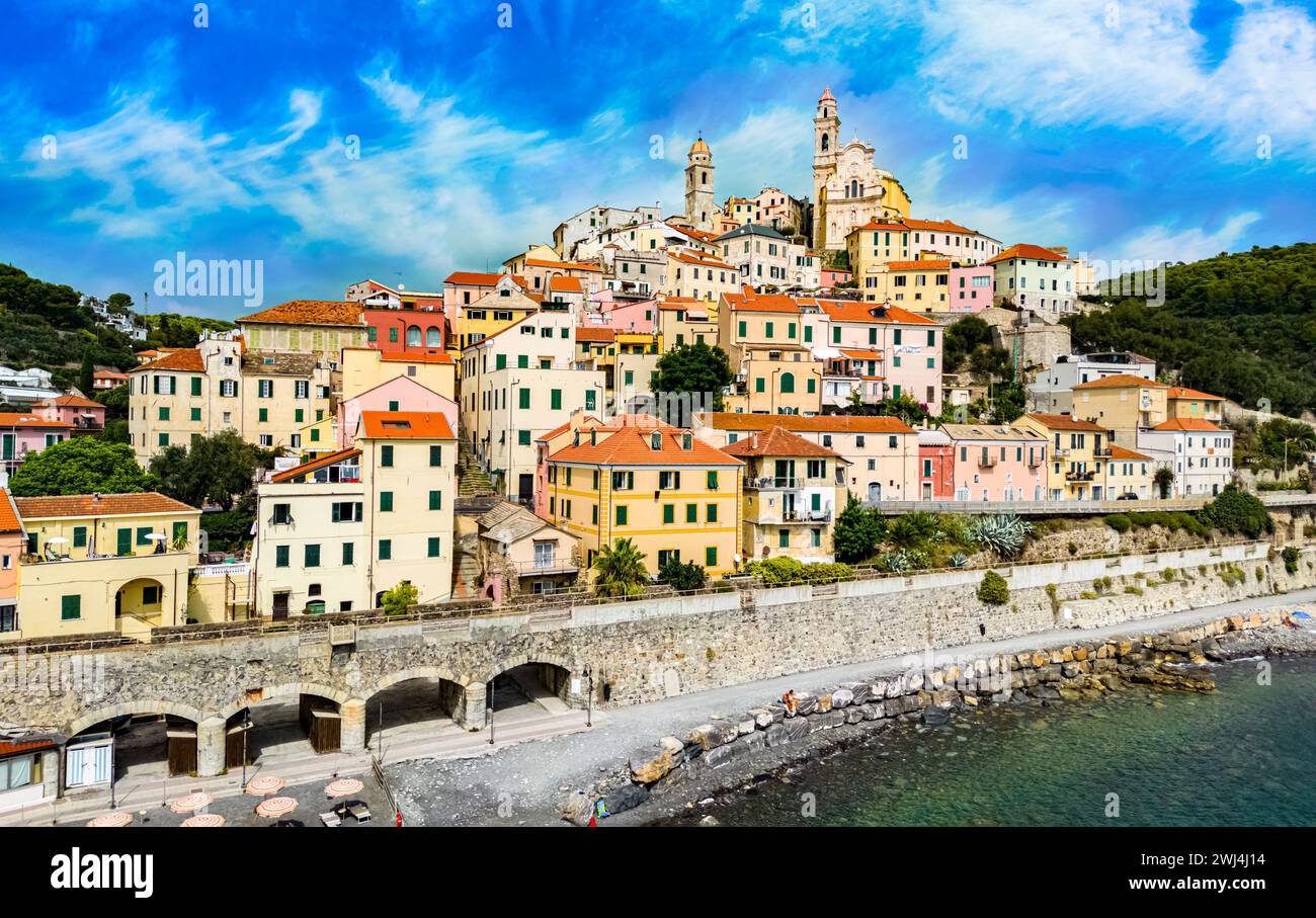 Aerial view of the village of Cervo on the Italian Riviera in the ...
