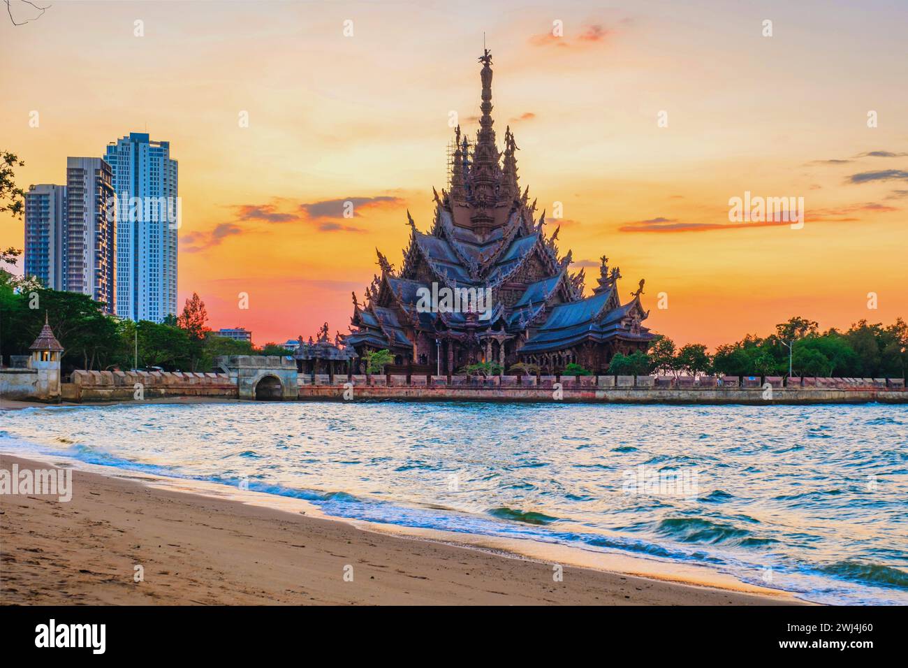 The Sanctuary of Truth wooden temple in Pattaya Thailand, sculpture of ...