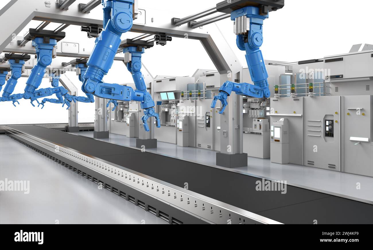 Automation industry concept with 3d rendering robot assembly line in ...