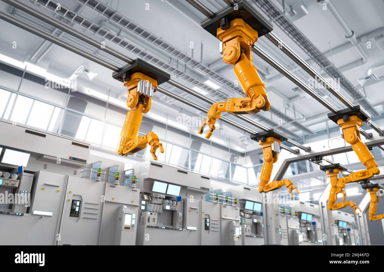 Automation industry concept with 3d rendering robot assembly line in ...