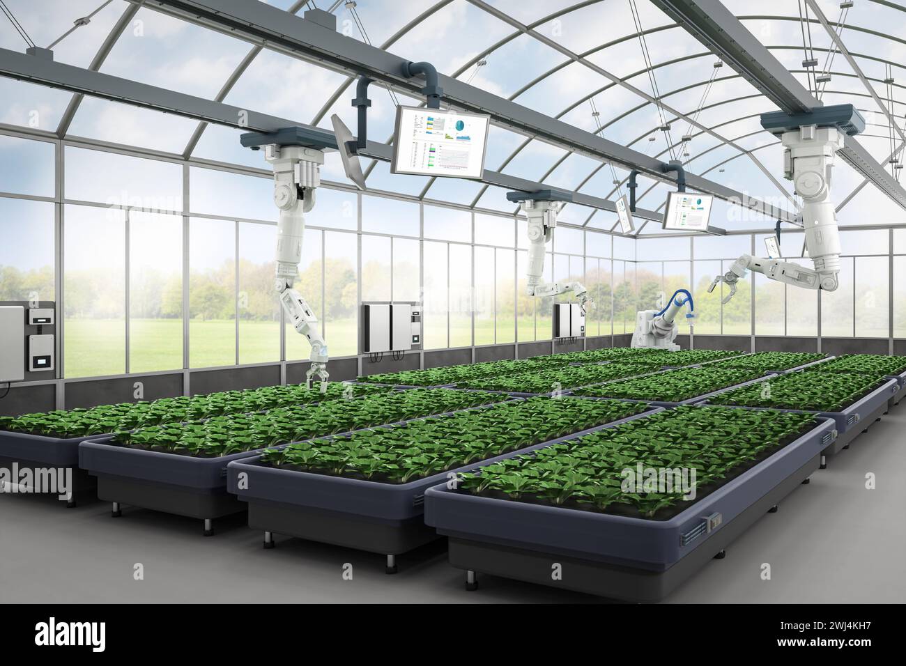Agriculture technology with 3d rendering robot assistant in indoor farm ...