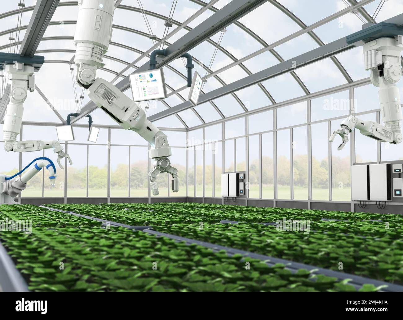Agriculture technology with 3d rendering robot assistant in indoor farm ...