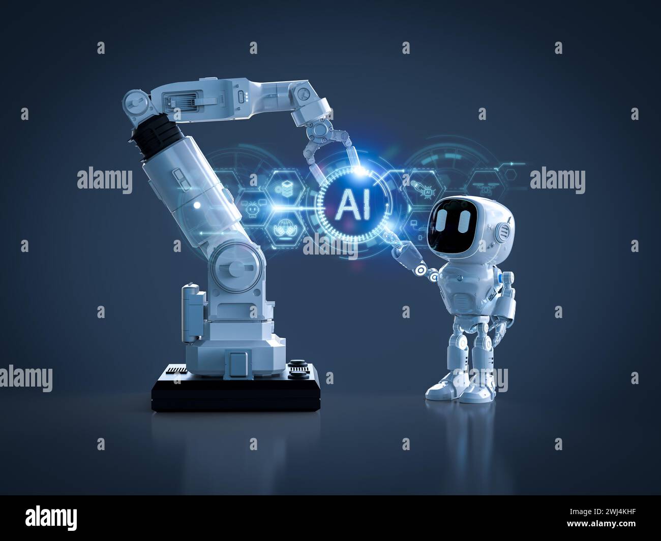 3d rendering robotic arm with ai digital interface display Stock Photo ...