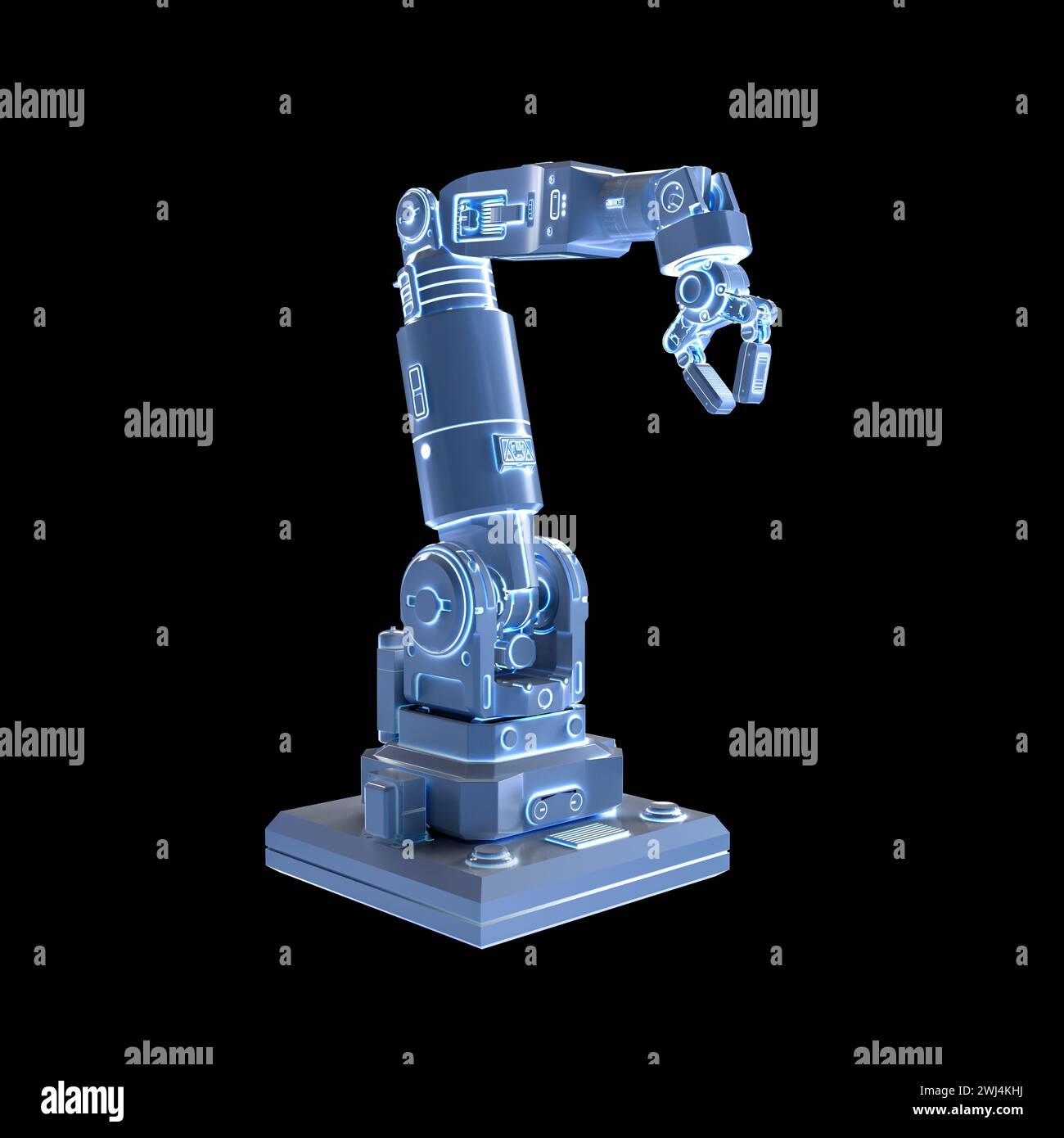 3d rendering blue ai robotic arm with beam of light isolated on black ...