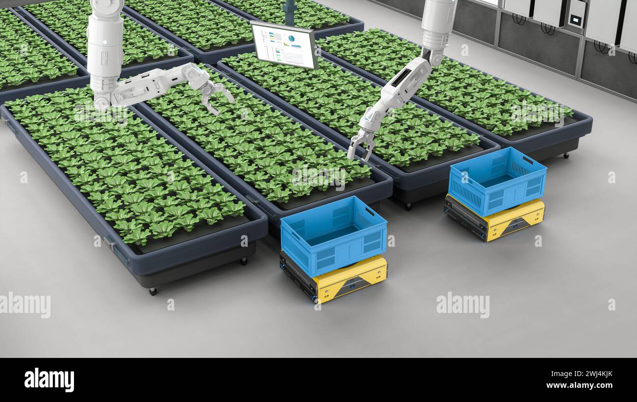 Agriculture technology with 3d rendering robot assistant in indoor farm ...