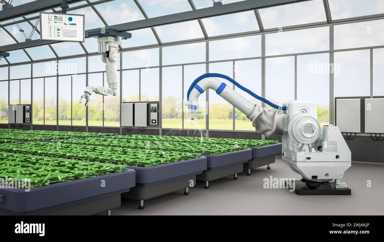 Agriculture technology with 3d rendering robot assistant in indoor farm ...