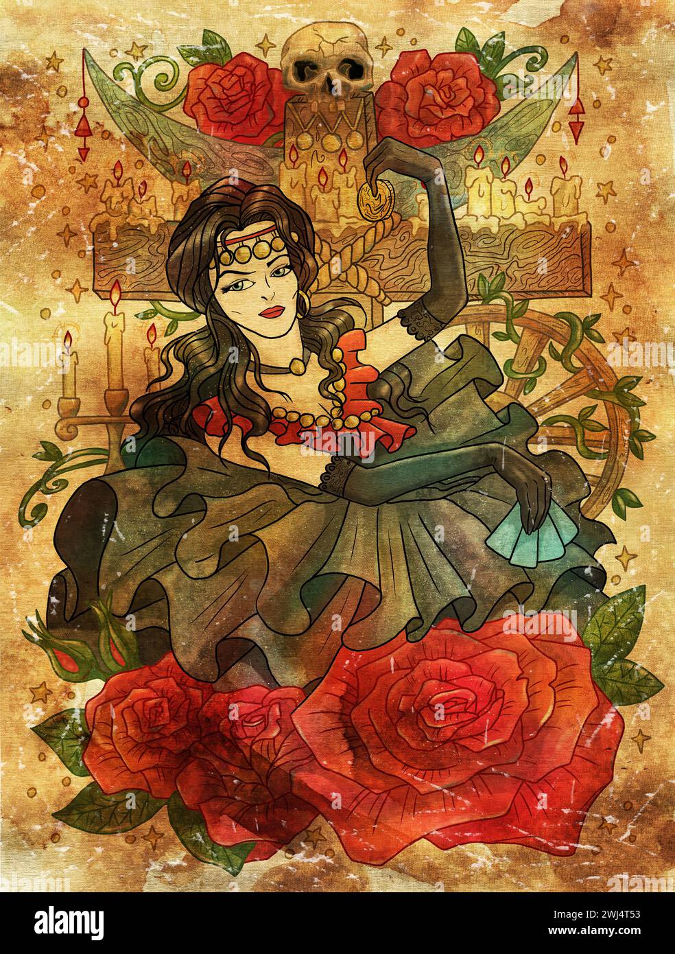 Fantasy engraved illustration with beautiful gypsy woman as witch or ...